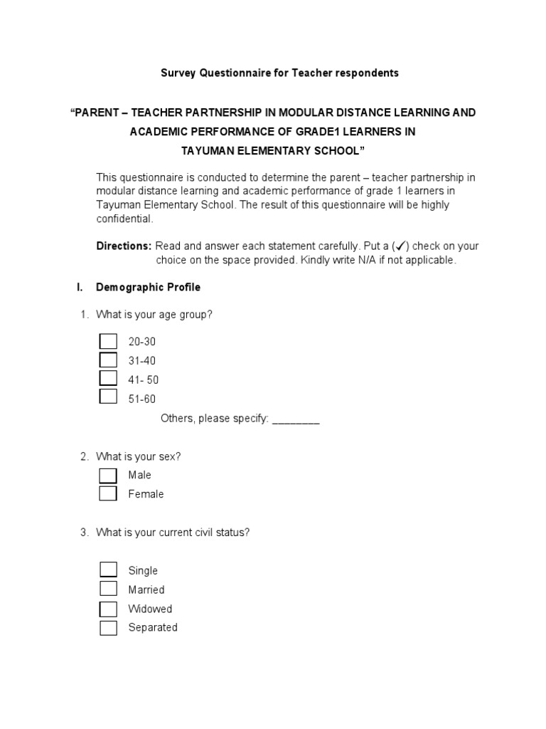 Survey Questionnaire For Teachers and Parent Respondents | PDF ...