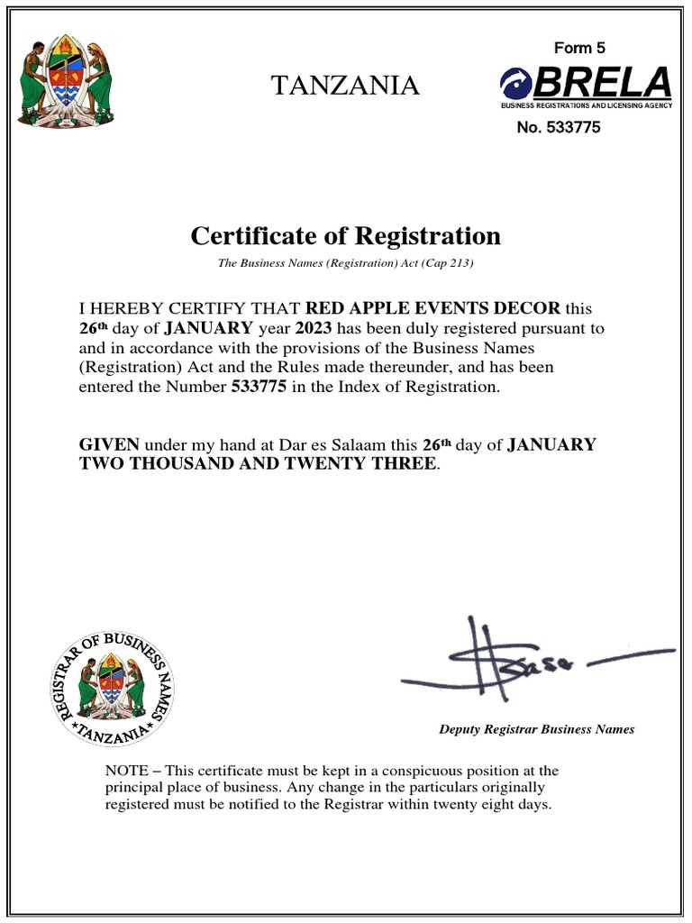 Tanzania: Certificate of Registration | PDF