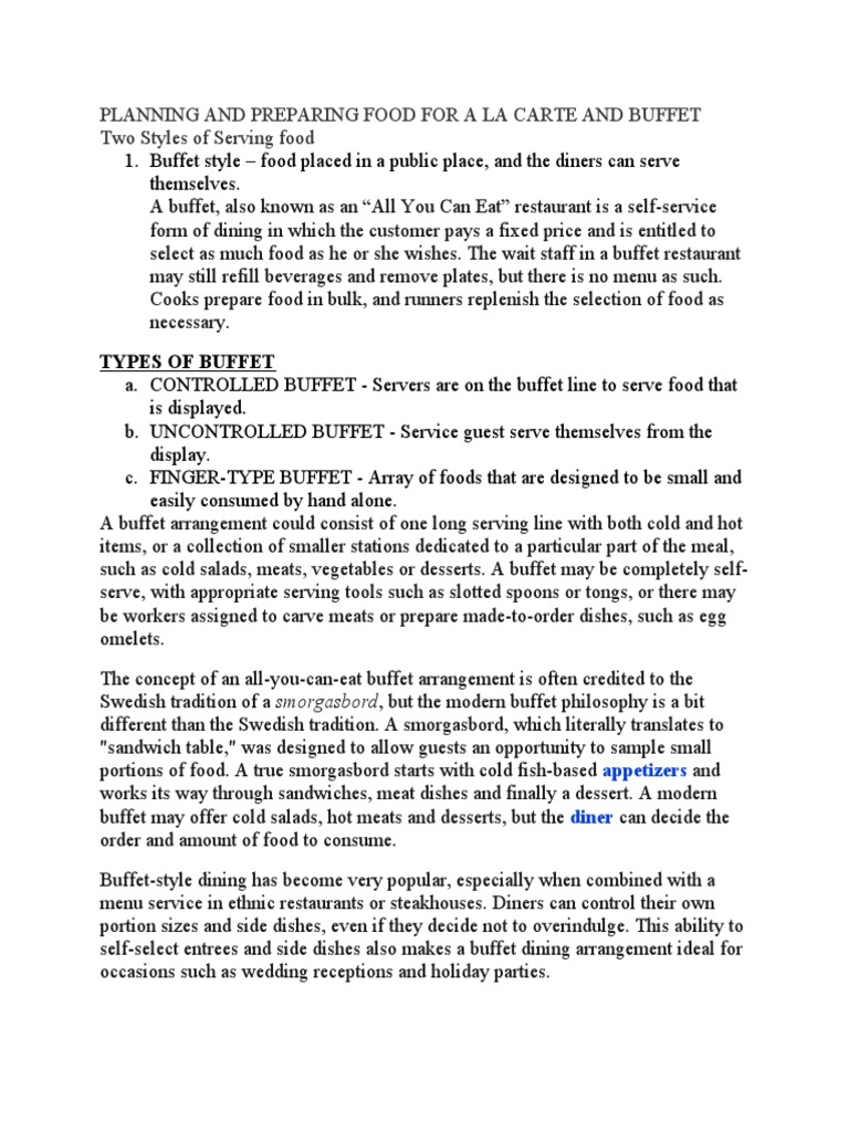 Planning food service styles | PDF | Buffet | Menu