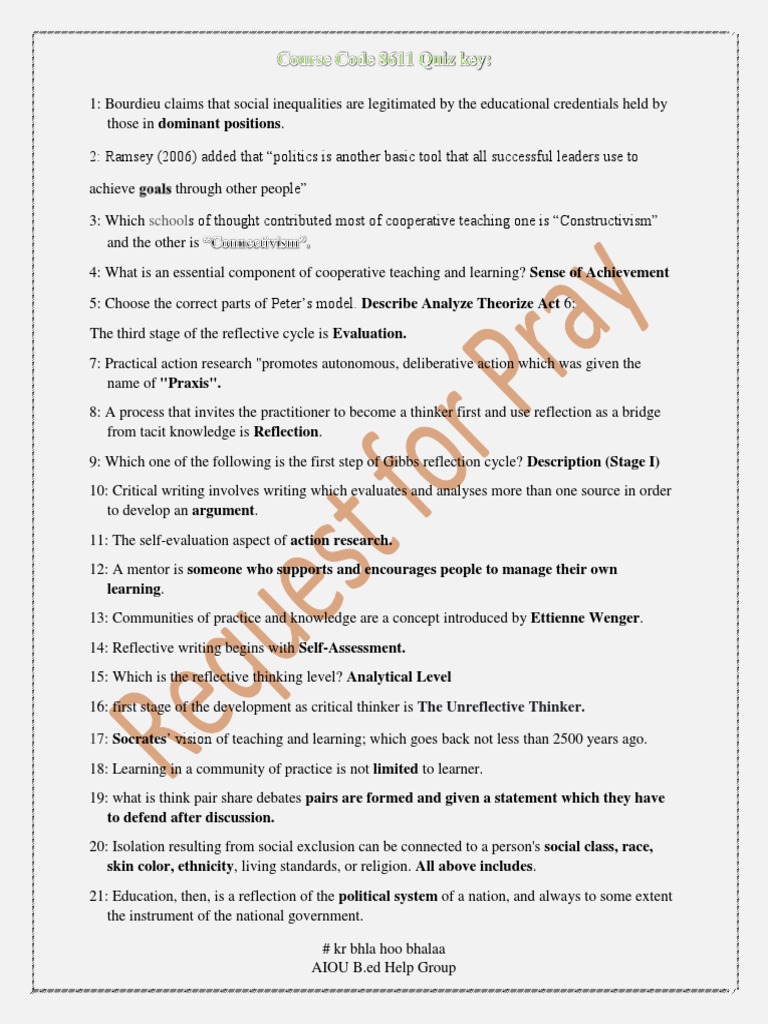 Quiz Key 8611 AIOU B.ed Help Group | PDF | Reflective Practice | Critical Thinking