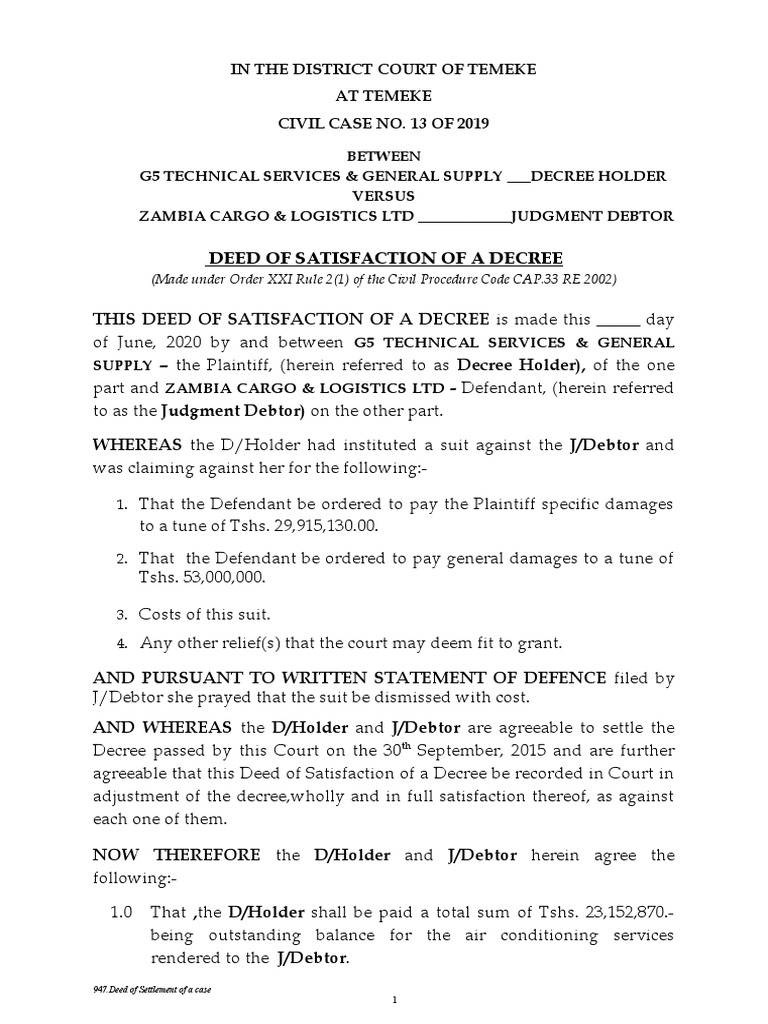 Deed of Satisfaction of Decree | PDF | Lawsuit | Government