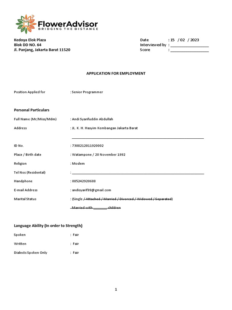 Template-Applicant Biodata Andi S | PDF