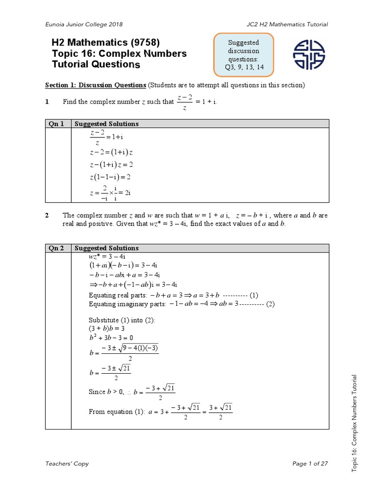 16 Complex Numbers TutSol | PDF | Complex Number | Equations