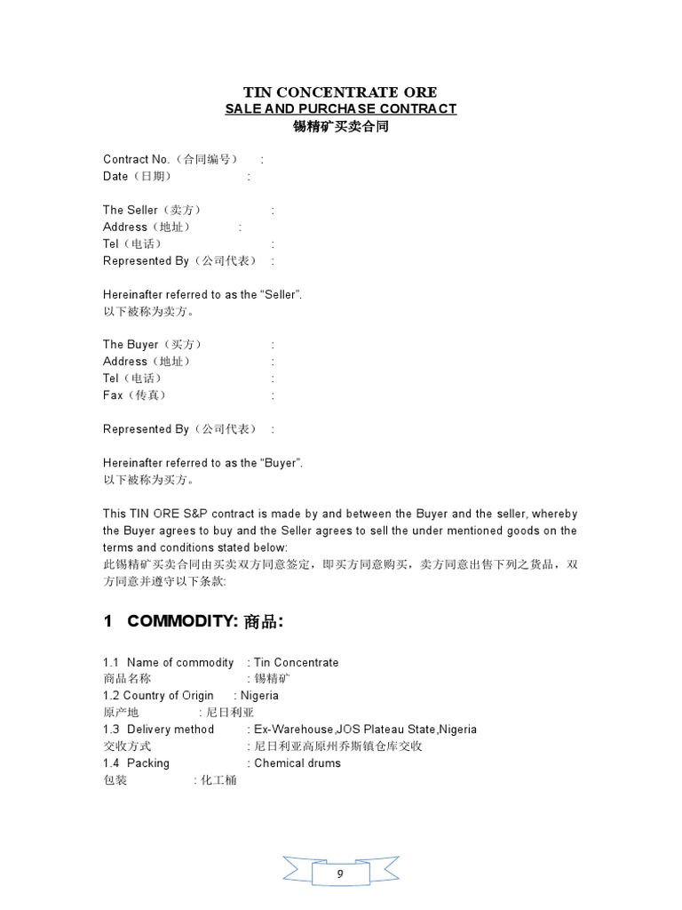 Tin Concentrate Contract Summary | PDF | Damages | Prices