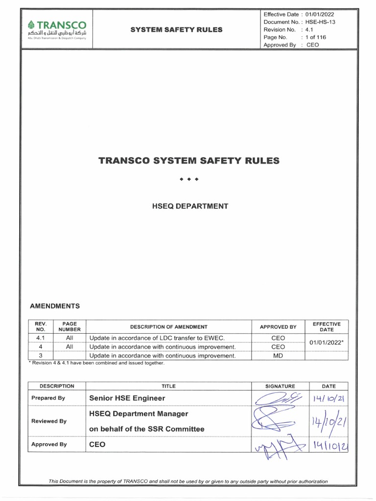 TRANSCO System Safety Rules Overview | PDF | High Voltage | Safety