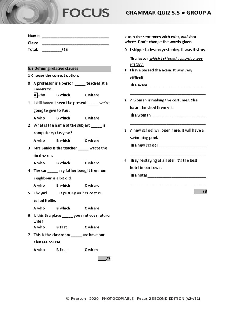 Focus2 2E Grammar Quiz Unit5 5 GroupA | PDF | Cognition | Cognitive Science