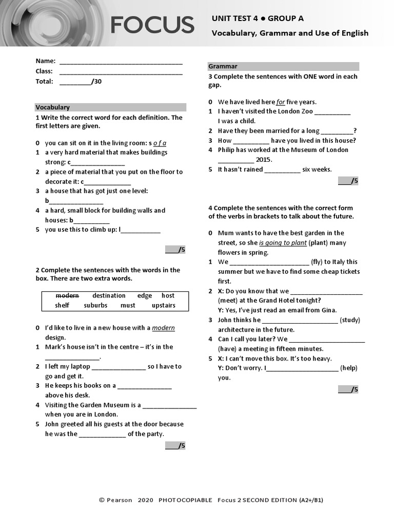 Focus2 2E Unit Test Vocabulary Grammar UoE Unit4 GroupA | PDF | Linguistics
