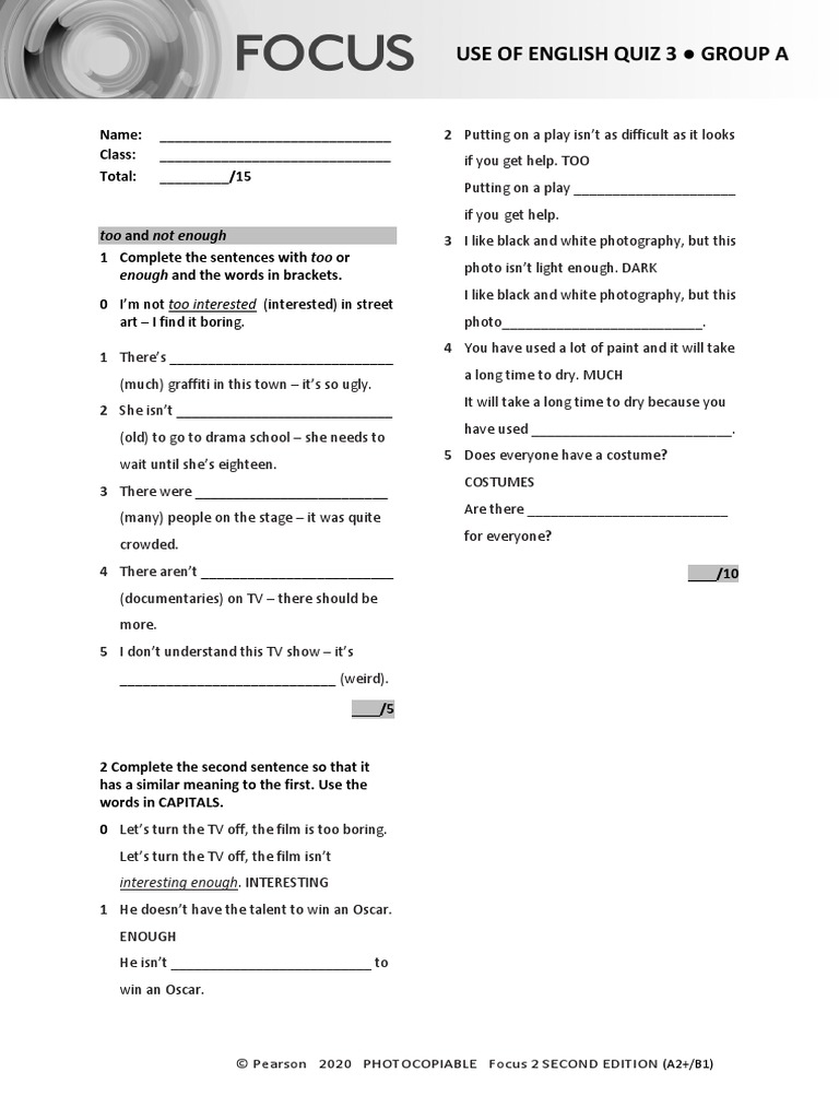 Focus2 2E UoE Quiz Unit3 GroupA | PDF | Imaging