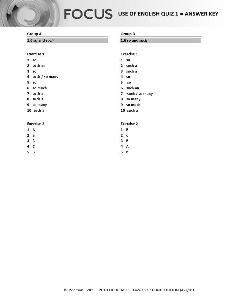 Focus2 2e Uoe Quiz Unit1 Groupa B Answers | PDF