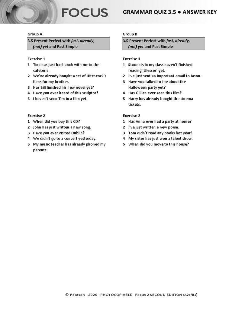 Focus2 2E Grammar Quiz Unit3 5 GroupA B ANSWERS | PDF