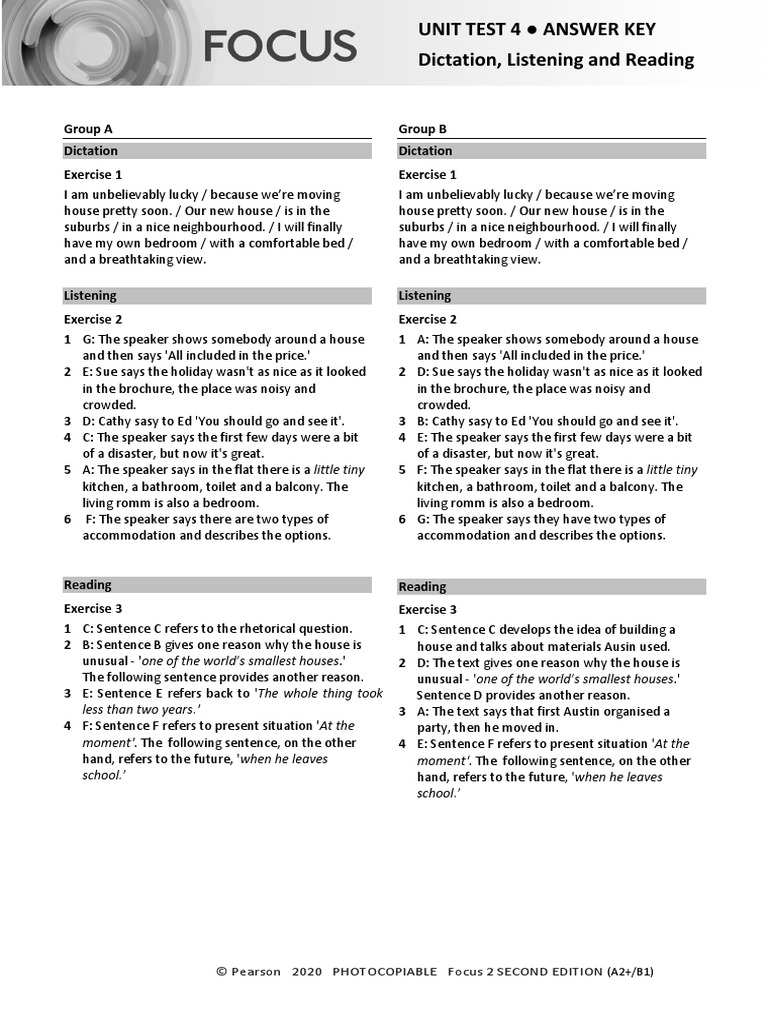 Focus2 2E Unit Test Dictation Listening Reading Unit4 GroupA B ANSWERS ...