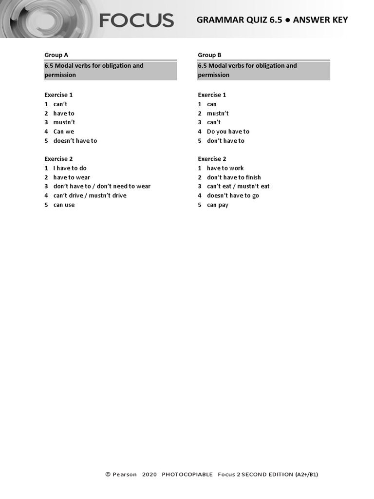 Focus2 2E Grammar Quiz Unit6 5 GroupA B ANSWERS | PDF