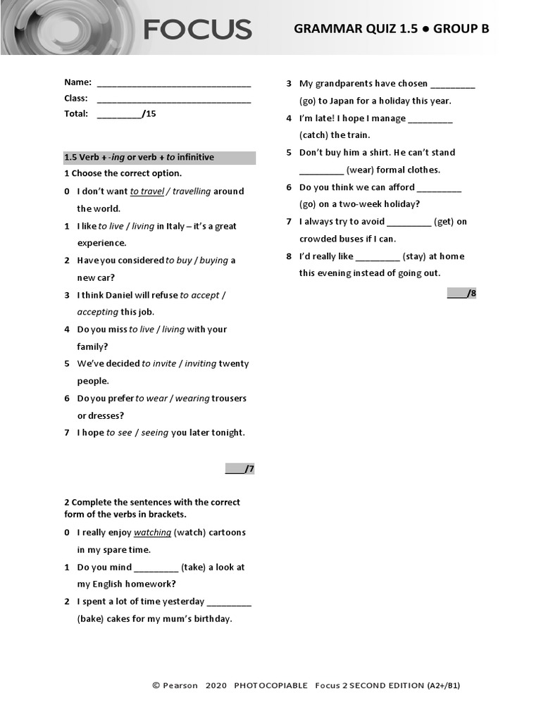 Focus2 2E Grammar Quiz Unit1 5 GroupB | PDF