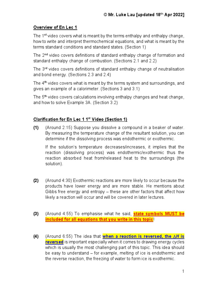 05 - en Lec 1 Key Points | PDF | Chemical Reactions | Enthalpy