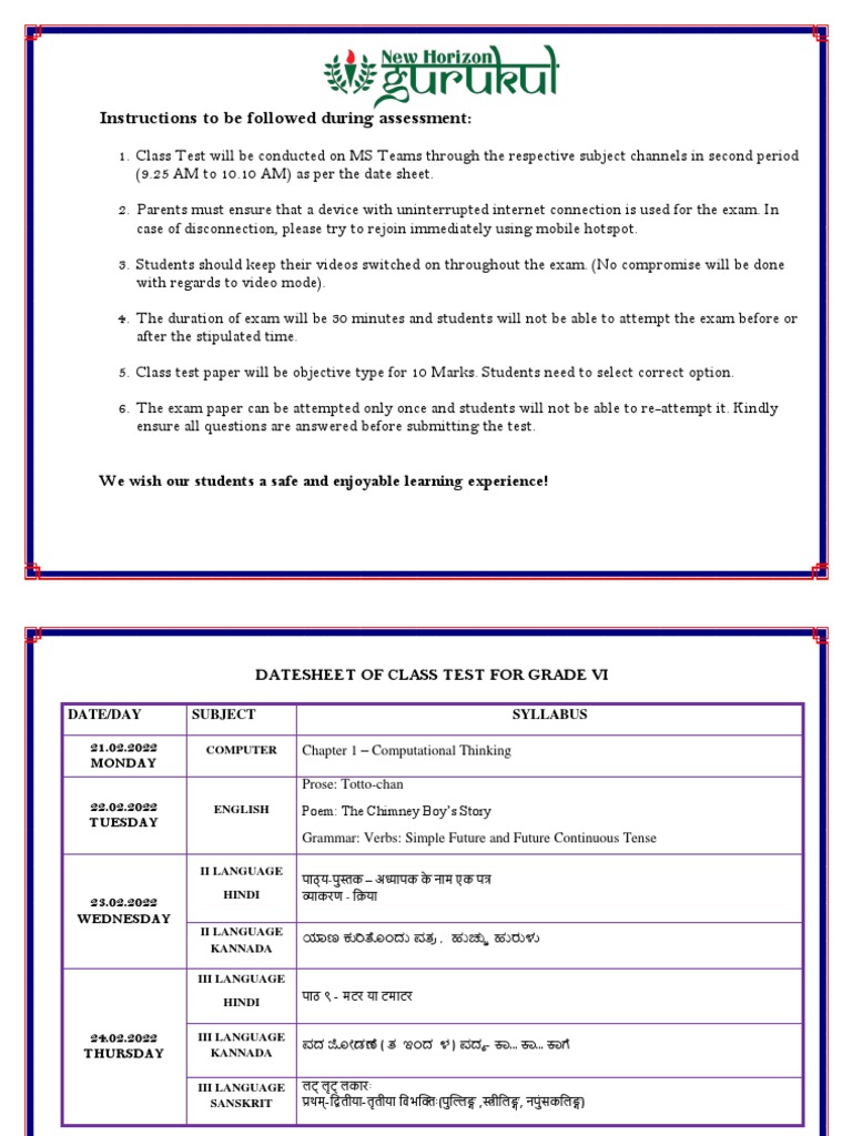 Grade VI Class Test Instructions & Schedule | PDF | Linguistics ...