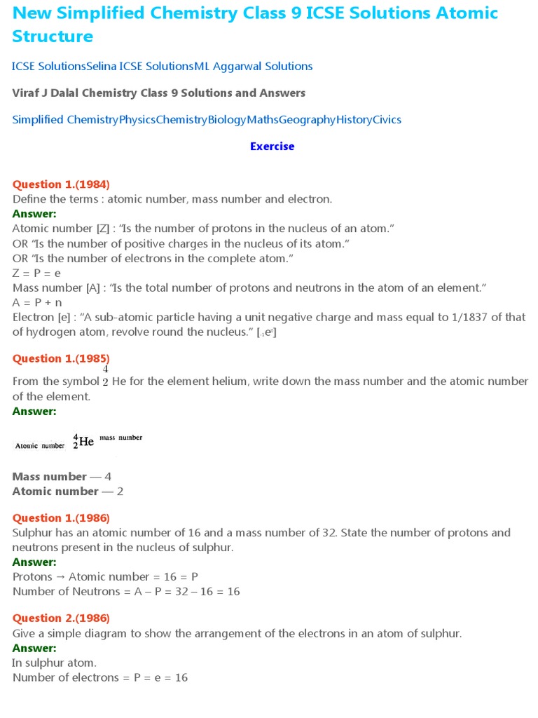 New Simplified Chemistry Class 9 ICSE Solutions Atomic Structure | PDF ...