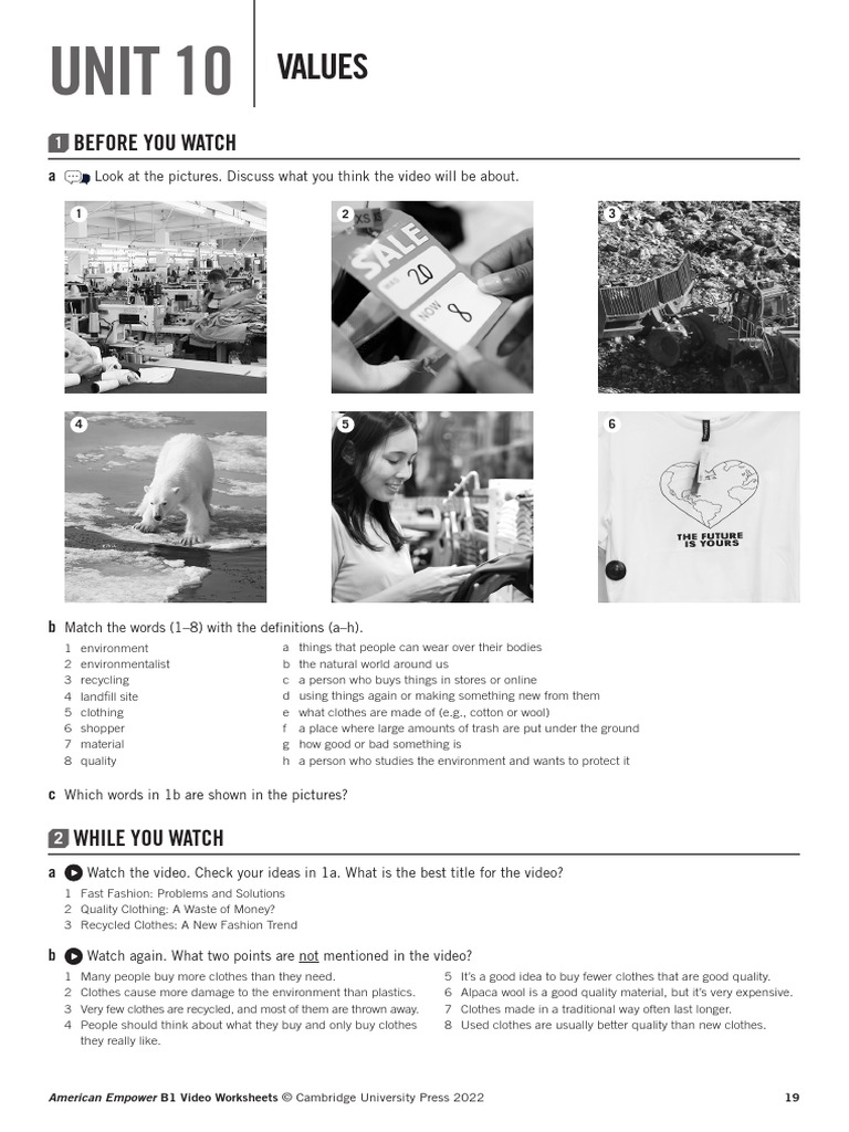 Video Activity Sheet Unit 10 | PDF | Clothing | Waste