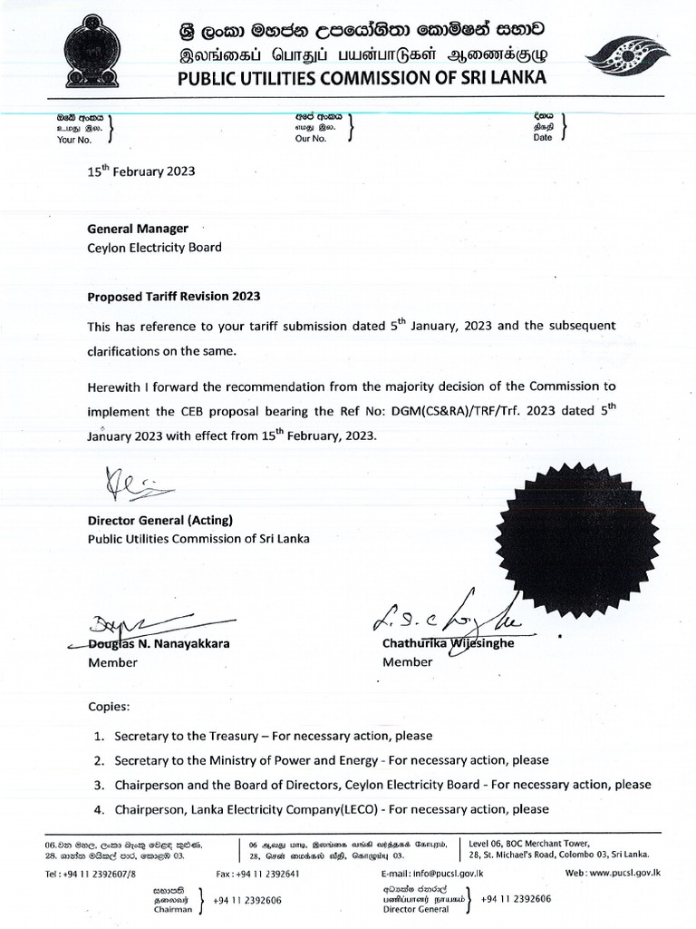 PUCSL Communication To CEB On The Tariff Revision Approval | PDF