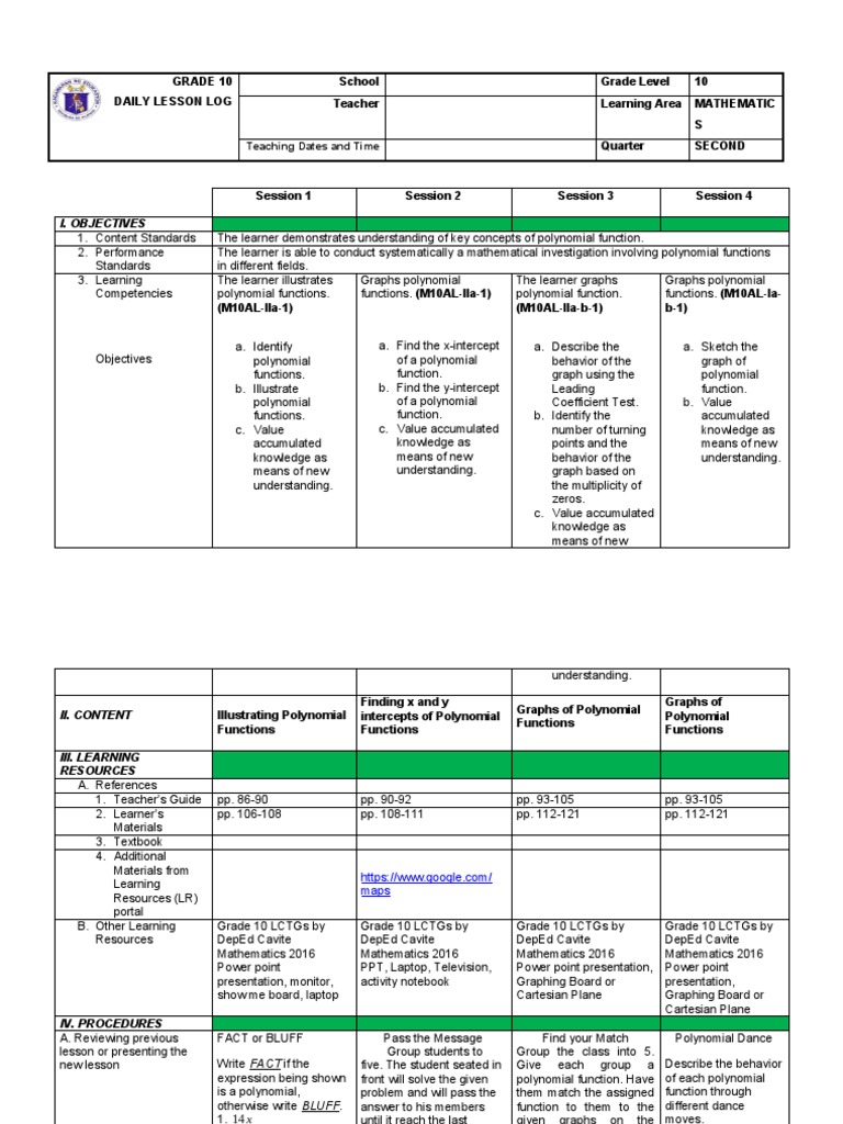 G10 - DLL - 2ND Quarter | PDF | Zero Of A Function | Polynomial