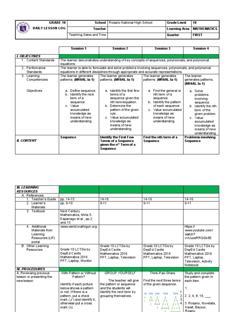 Grade 10 Mathematics Lesson Plan: Sequences | PDF | Learning | Sequence