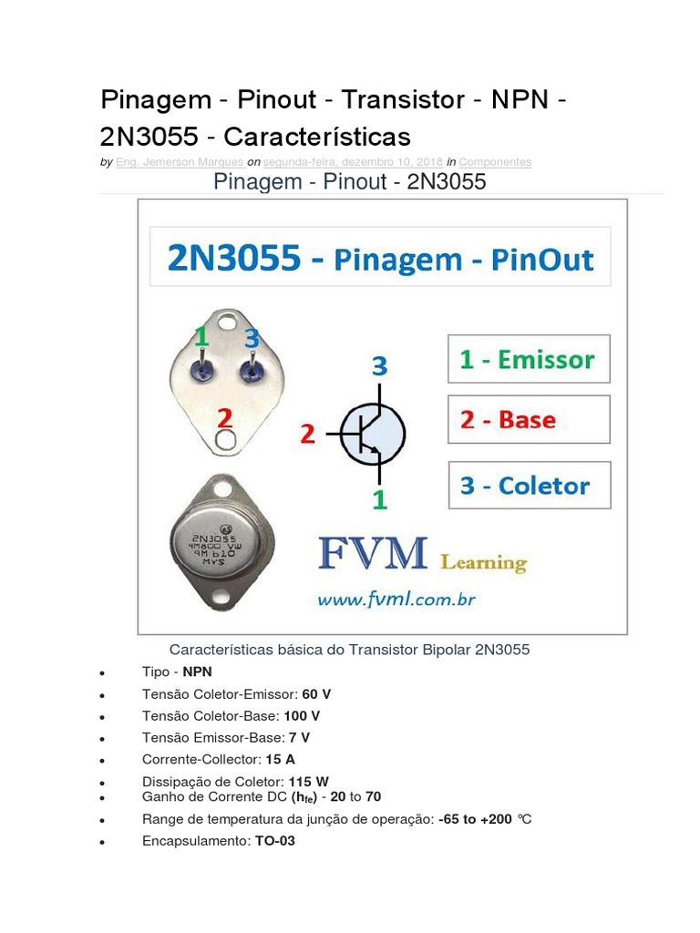 Pinagem - Pinout - Transistor - NPN - 2N3055 - Características | PDF