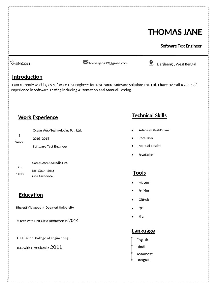 Thomas Jane's Resume - Software Test Engineer with 4+ Years Experience ...