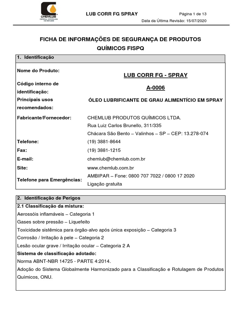 FISPQ Lubrificante Alimentício Spray | PDF | Combustão | Monóxido de ...