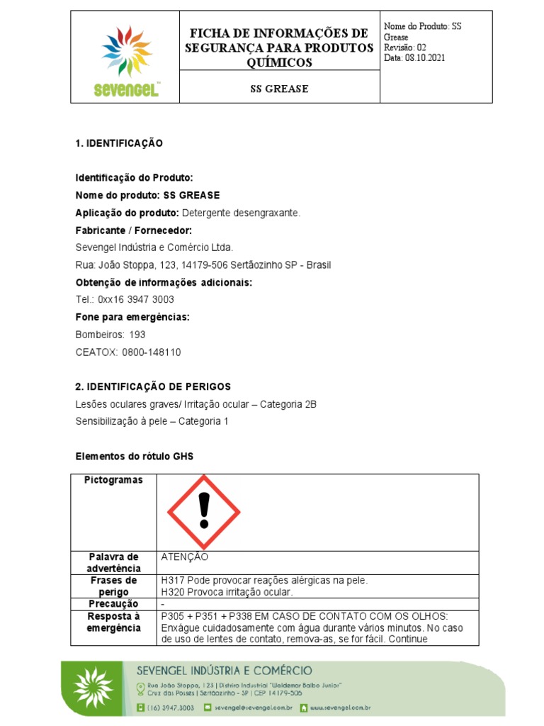 FISPQ - SS Grease - Rev. | PDF | Embalagem e rotulagem | Desperdício
