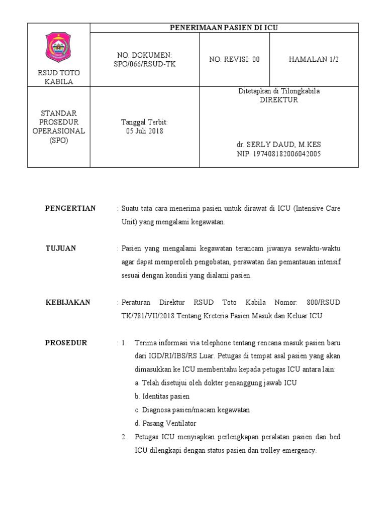 Spo Penerimaan Pasien Di Icu | PDF