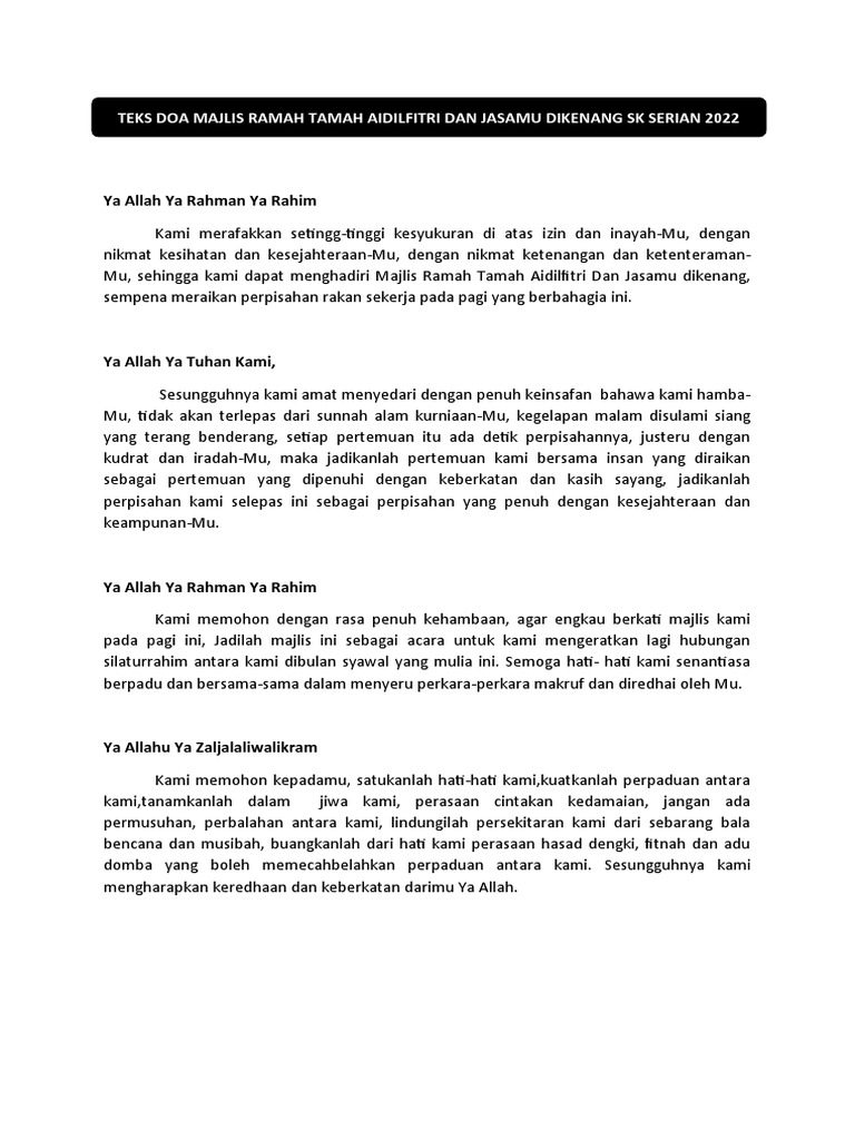 Doa Majlis Ramah Tamah 2022 | PDF