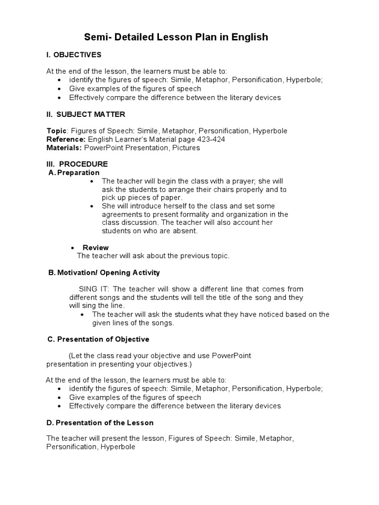 Semi Detailed Lesson Plan Figure of Speech | PDF | Metaphor | Lesson Plan