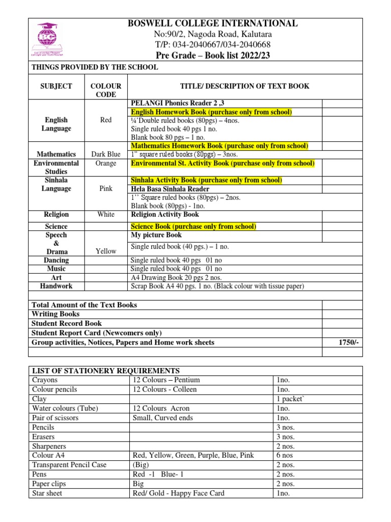 Pre Grade Book List 2022-23 | PDF | Pencil | Color