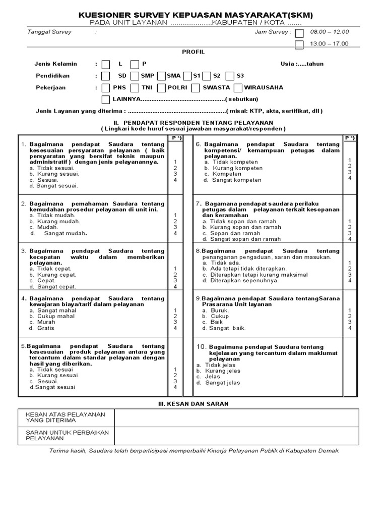 Contoh Kuisioner 10 Pertanyaan | PDF