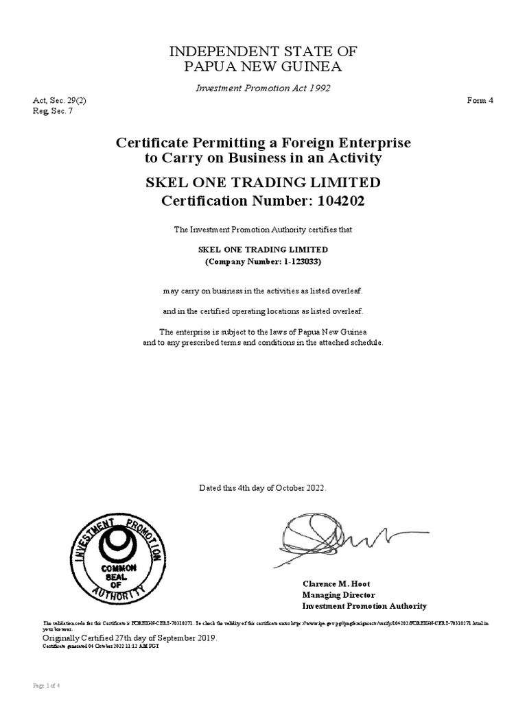 Ipa Foreign Certificate - Skel One Trading Limited - 04.10.2022 | PDF ...