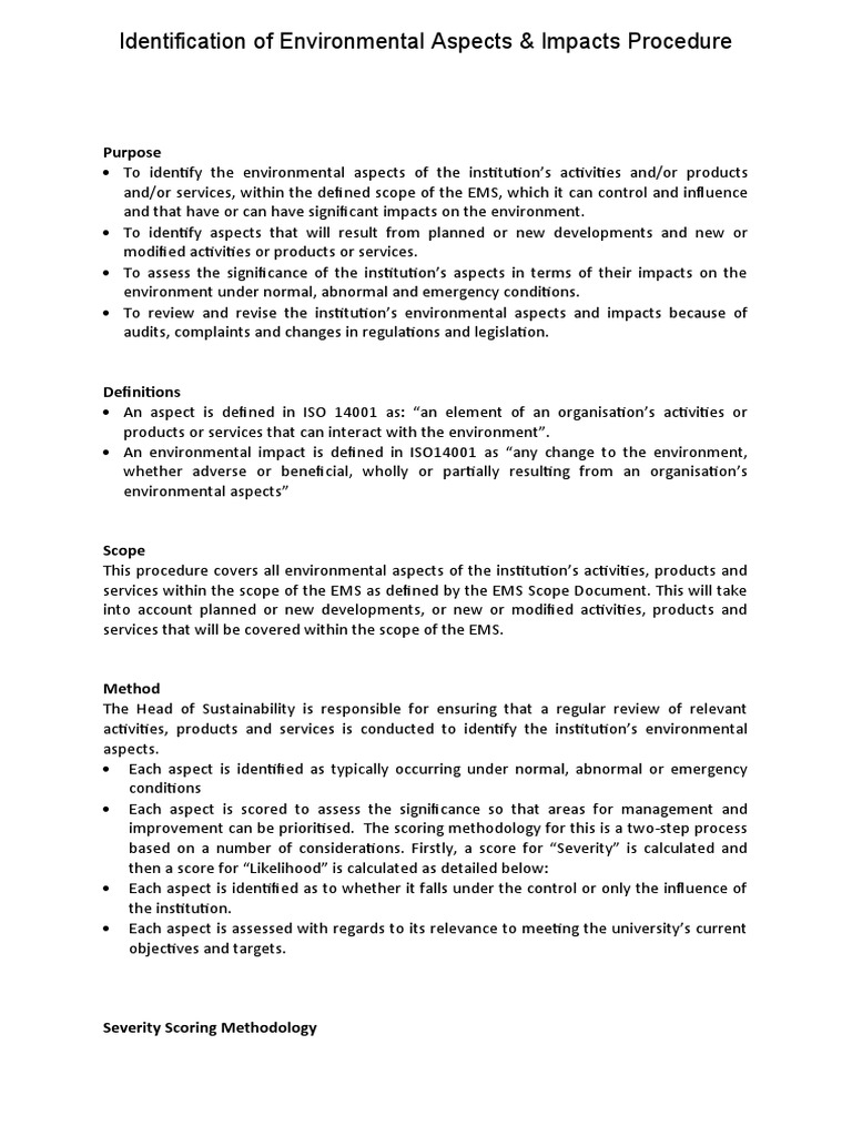 Environmental Aspects Procedure | PDF | Natural Environment | Economy ...