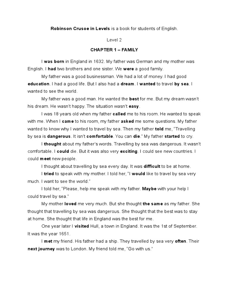 Robinson Crusoe Level 2: Chapter 1 Summary | PDF