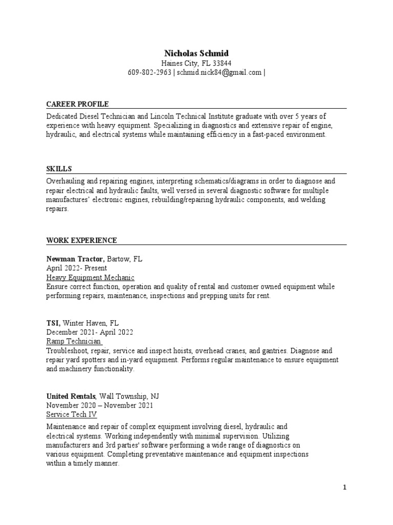 Nicholas Schmid Resume | PDF | Loader (Equipment) | Heavy Equipment