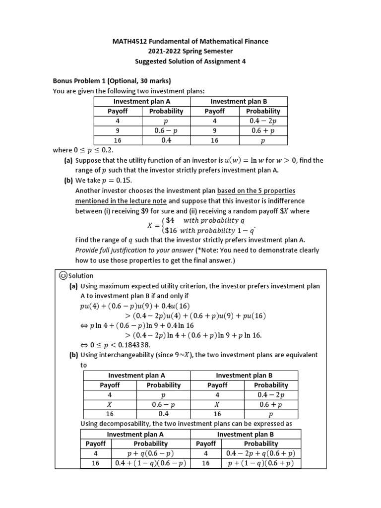 MATH4512 2022spring HW4Solution | PDF | Utility | Investing