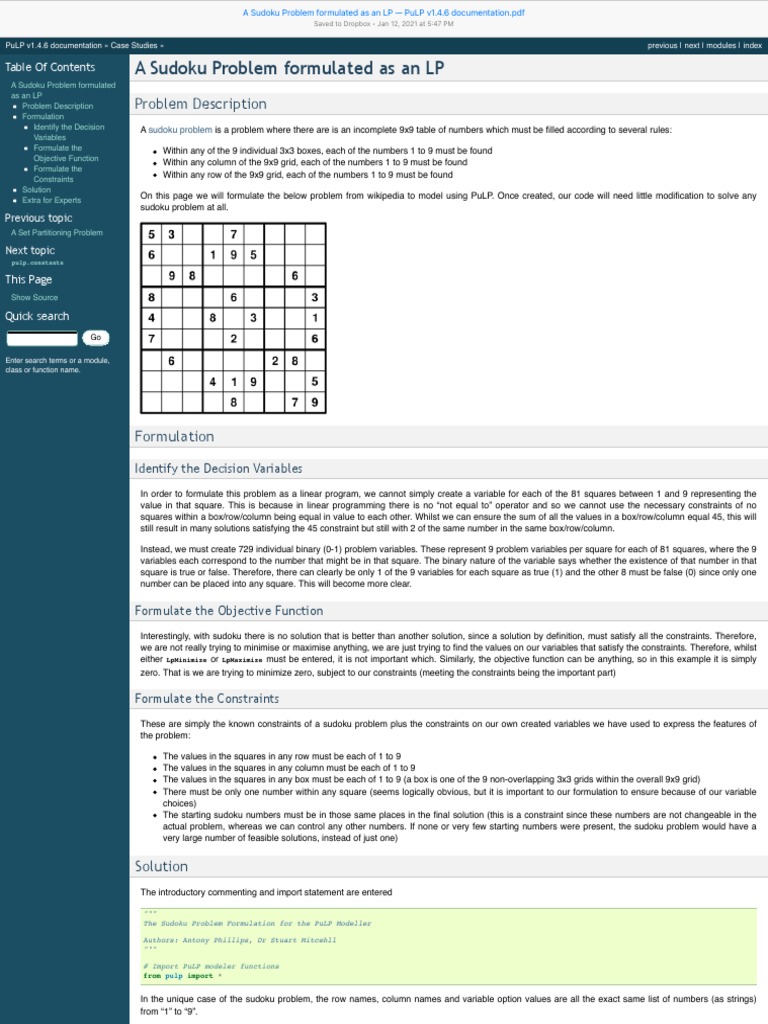 A Sudoku Problem Formulated As An LP - PuLP v1.4.6 Documentation | PDF | Function (Mathematics ...