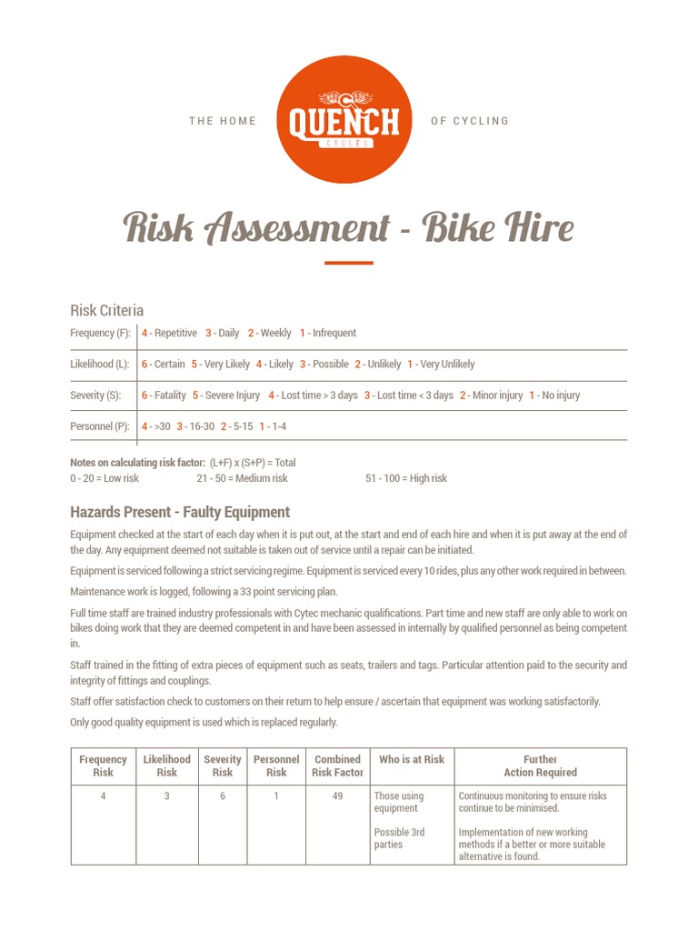 Quench Cycles Risk Assessment Bike Hire | PDF | Risk | Risk Assessment