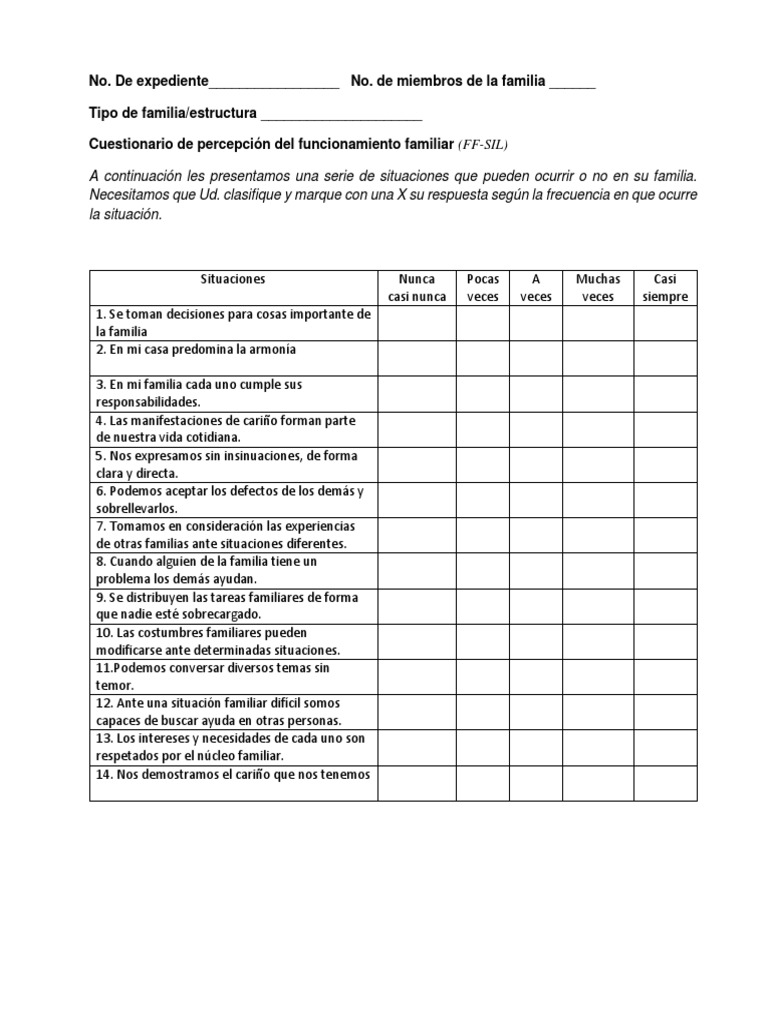 Percepcion Del Funcionamiento Familiar Escala FF-SIL | PDF | Cognición | Conceptos psicologicos
