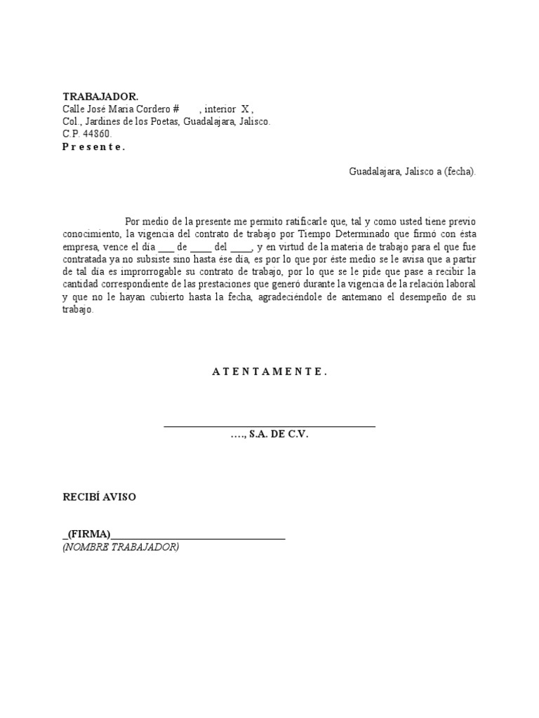 Carta De Aviso De Terminación De Contrato Laboral – GIKJL