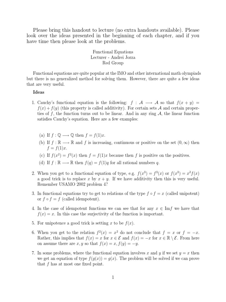 Functional Equations - Andrei Jorza - MOP (Red) | PDF | Function (Mathematics) | Equations