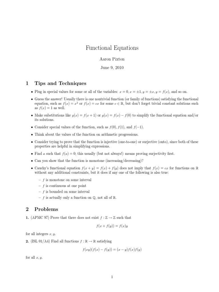 Functional Equations - Aaron Pixton - MOP 2010 | PDF | Function (Mathematics) | Equations