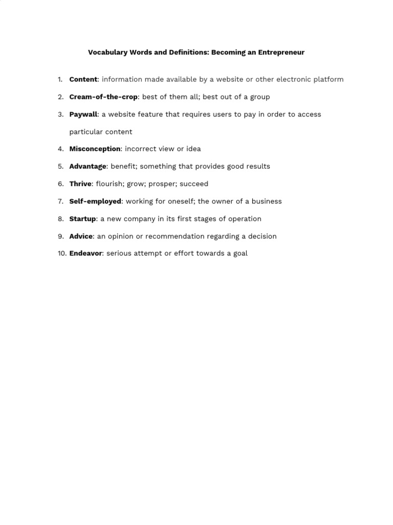 Entrepreneur Vocabulary Guide | PDF