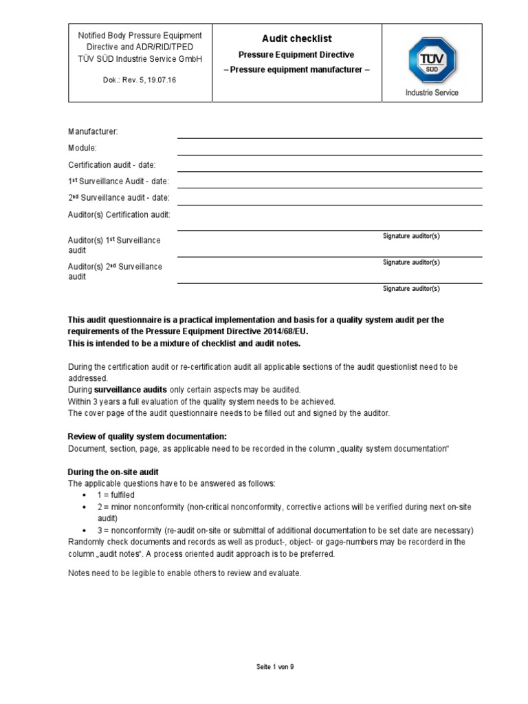 Audit Check list-PED | PDF | Audit | Quality Management System