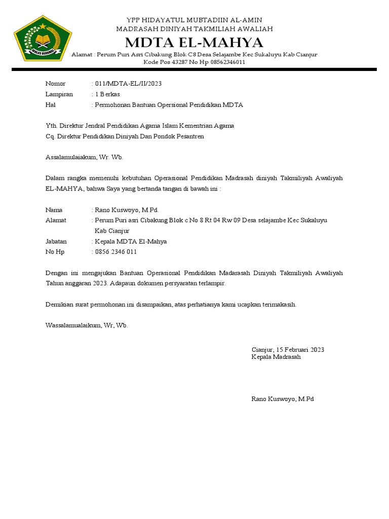 Surat Permohonan BOP DTA1 | PDF