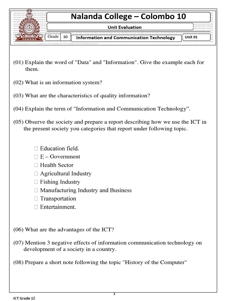Grade 10 - Unit 01 | Download Free PDF | Information Technology ...