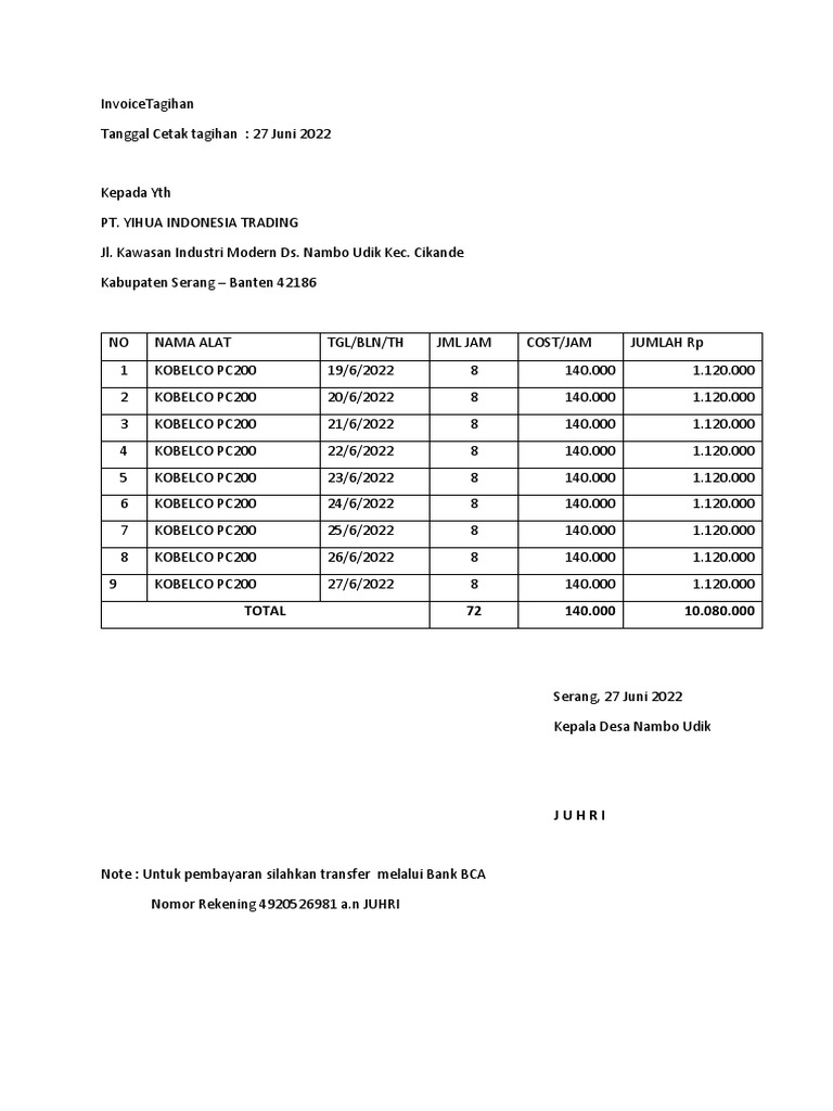 Invoice for Kobelco PC200 Services | PDF