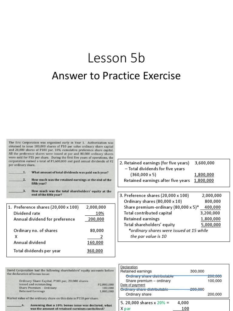 Lesson 5x Practice Exercises Solutions | PDF | Dividend | Retained Earnings Lesson 5x Practice Exercises Solutions | PDF | Dividend | Retained Earnings